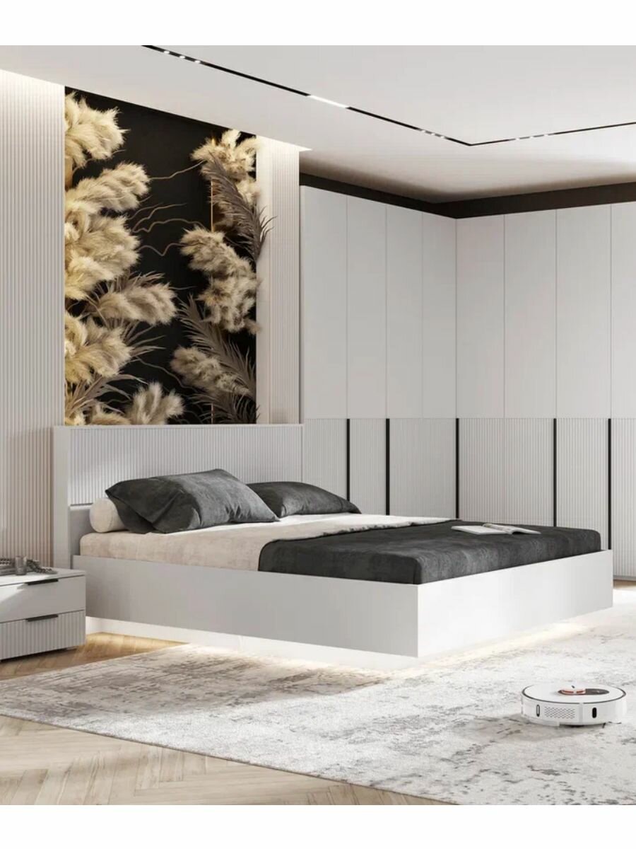 Кровать двуспальная парящая Марвэл 1.6 Белый/Браш Вайт/Белый, ортопедическое основание, подсветка, МИФ