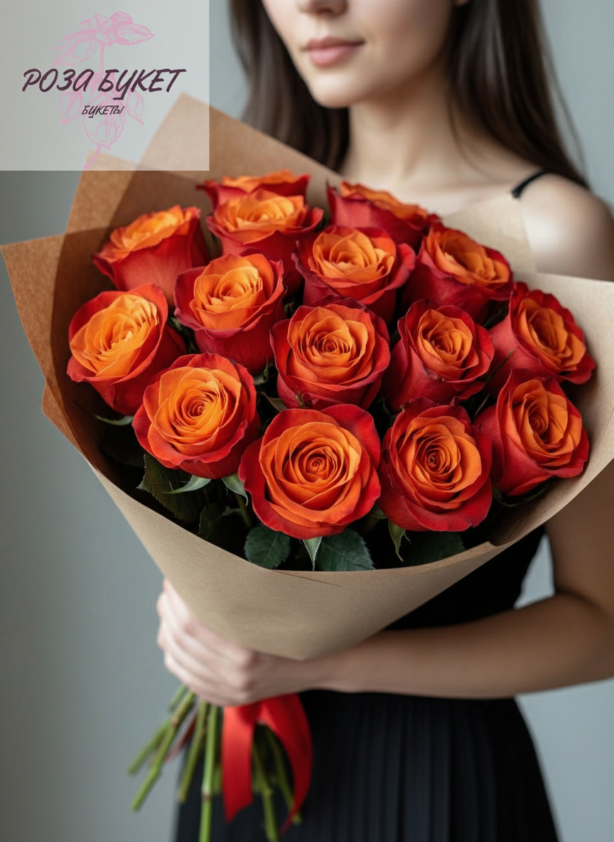 Букет цветов, букет из 15 оранжевых роз в упаковке 70 см, долгий букет, долго стоящие цветы, премиум