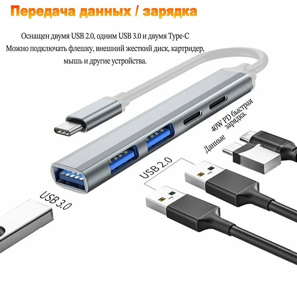 TYPE-C HUB 5 в 1, разветвитель Type-C на USB 3.0, док-станция, USB-хаб для MacBook, Серый