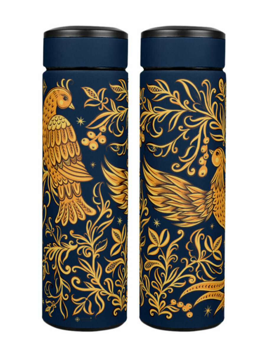 Термос «Птицы и цветы. Шекснинская золоченка.» (темно-синий)