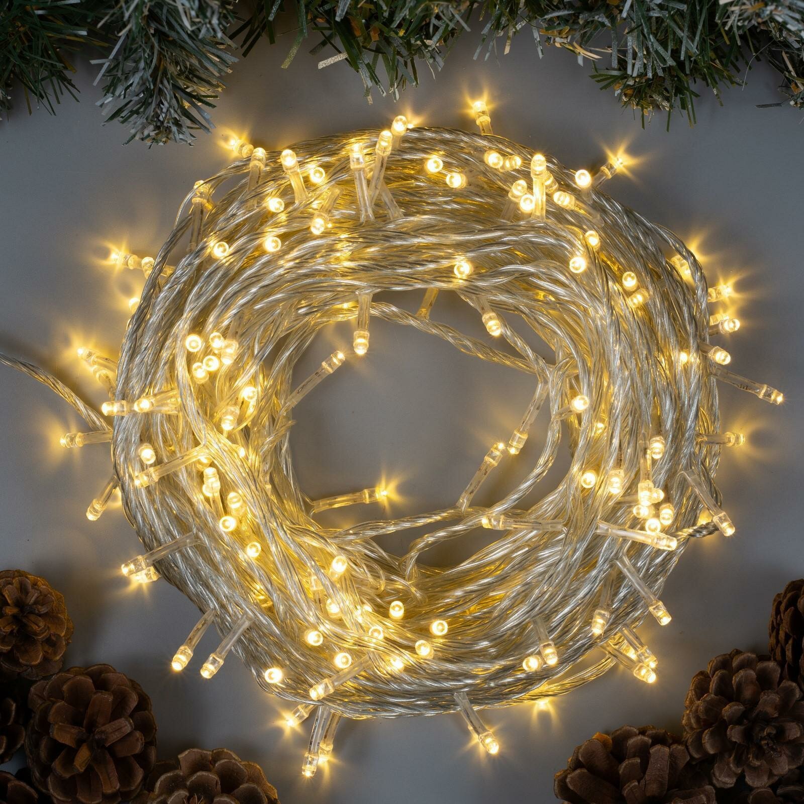 Новогодняя гирлянда Нить 20 м, IP20, прозрачная нить, 200 LED, 8 режимов, 220 В, свечение тёплое белое