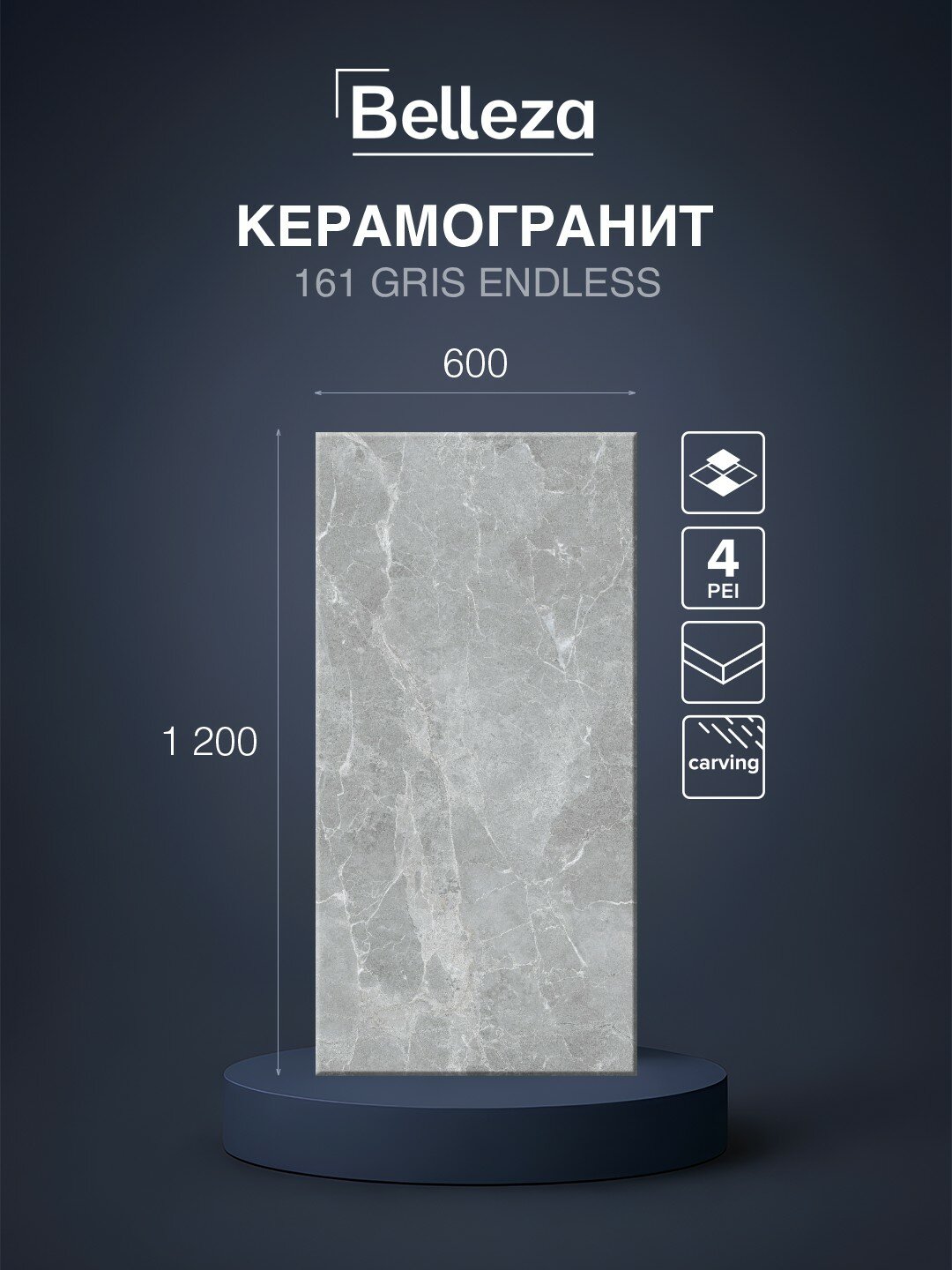 Керамогранит Belleza RS 161 Gris Endless 60x120 см, плитка под бетон, для стен и пола, матовая карвинг