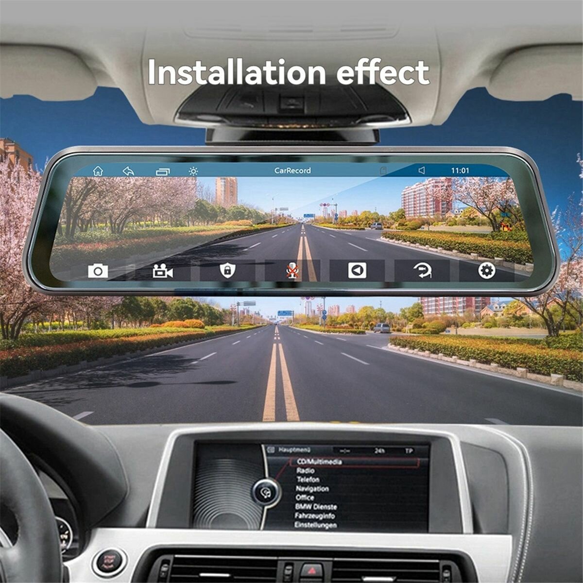 Видеорегистратор-зеркало заднего вида с беспроводным CarPlay, 9,36" сенсорный экран 1280x320, динамик 1Вт, BT 5.0