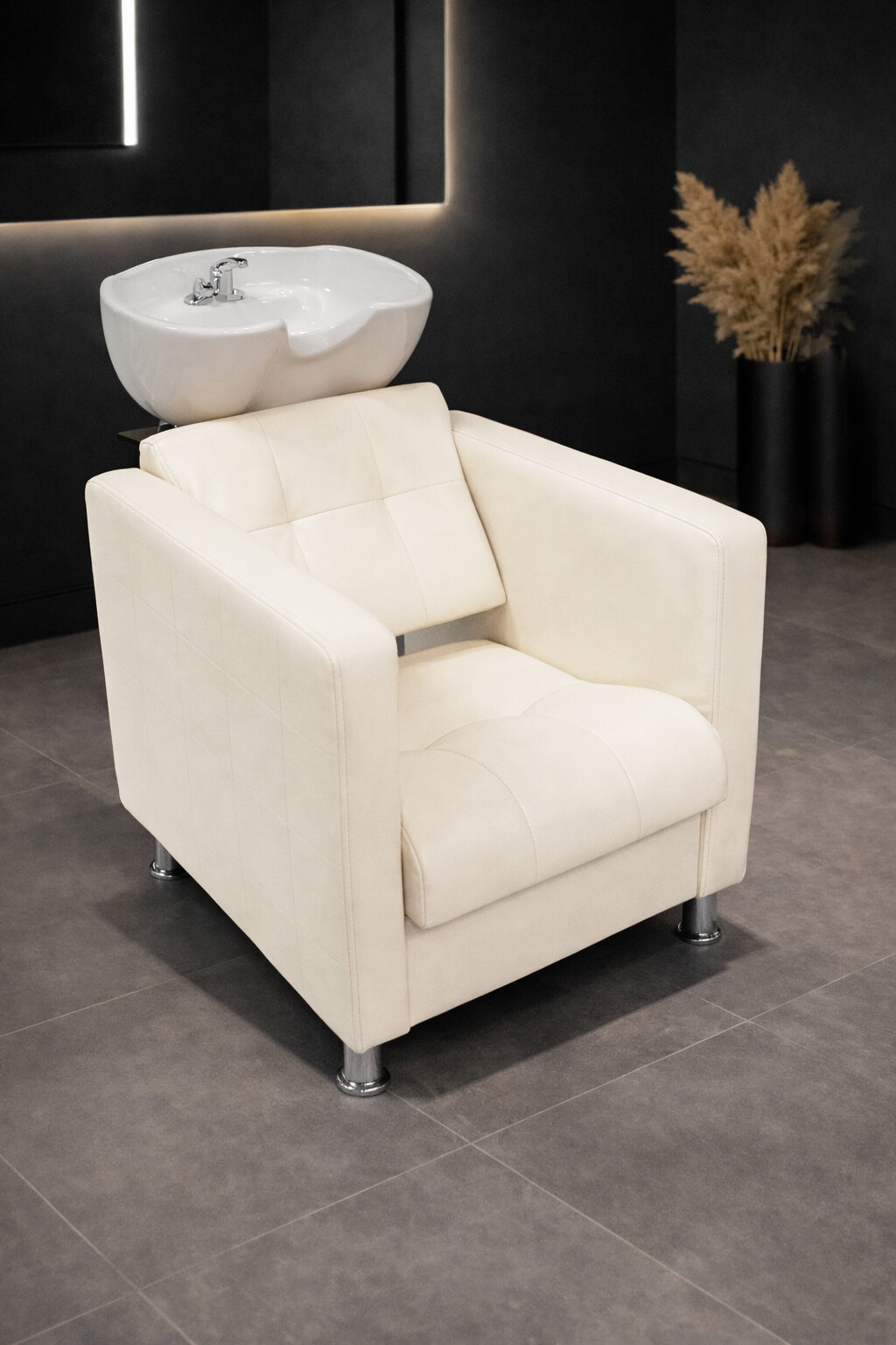 Парикмахерская мойка с креслом Квадрат, глубокая раковина белого цвета, Уютный мастер, белый