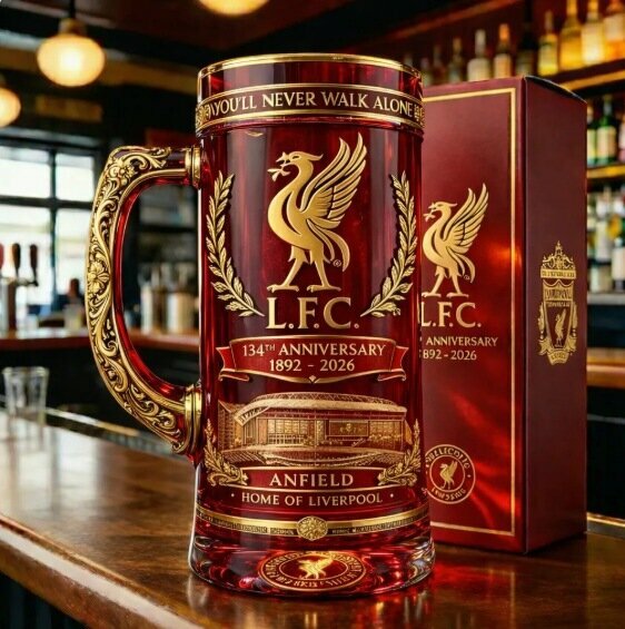 Стеклянный пивной бокал, Футбольный юбилей, Liverpool Football Club, L.F.C, Цветное стекло
