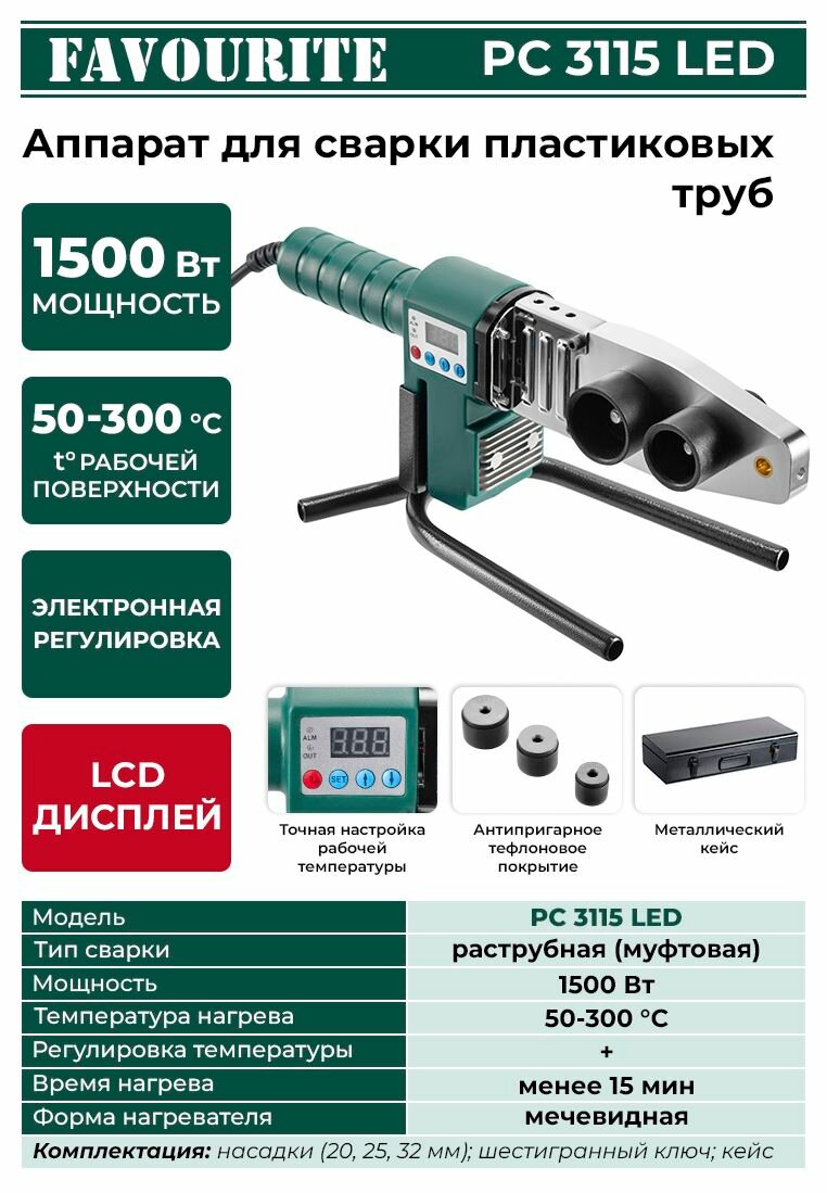 Паяльник для полипропиленовых труб с LED дисплеем FAVOURITE PC 3115 LED, 1500 Вт, насадки 20-32 мм (3 шт), металлический кейс