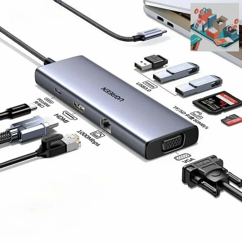 Концентратор UGREEN CM498 (15600) HDMI, 3xUSB-A, TF/SD, VGA, RJ45, PD100W, серый космос
