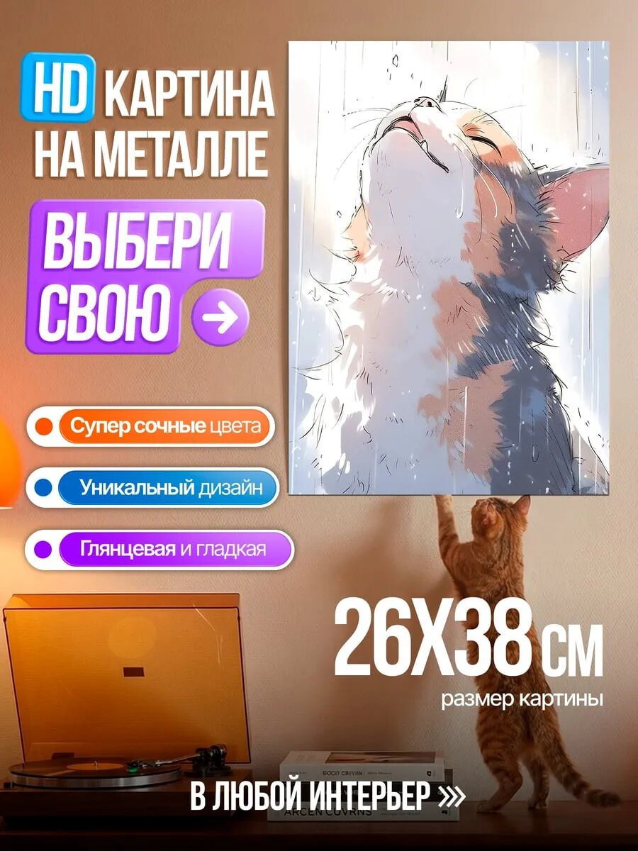 Картина на HD металле Кот под дождем