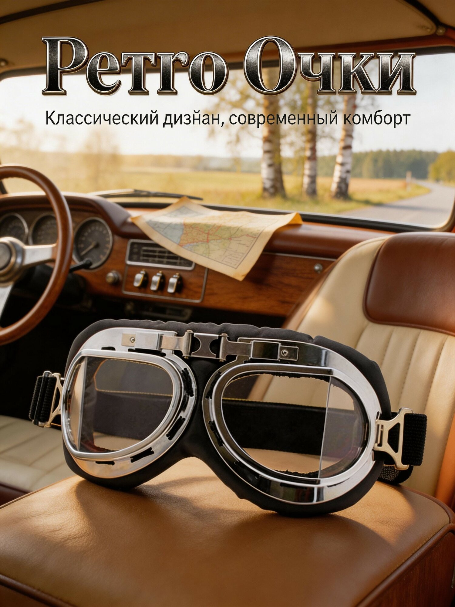 Ретро мотоциклетные очки, оправа чёрная или коричневая и линзы прозрачные/серые/жёлтые/серебристые/цветные, материалы АБС/ПК с губкой и кожаной отделкой