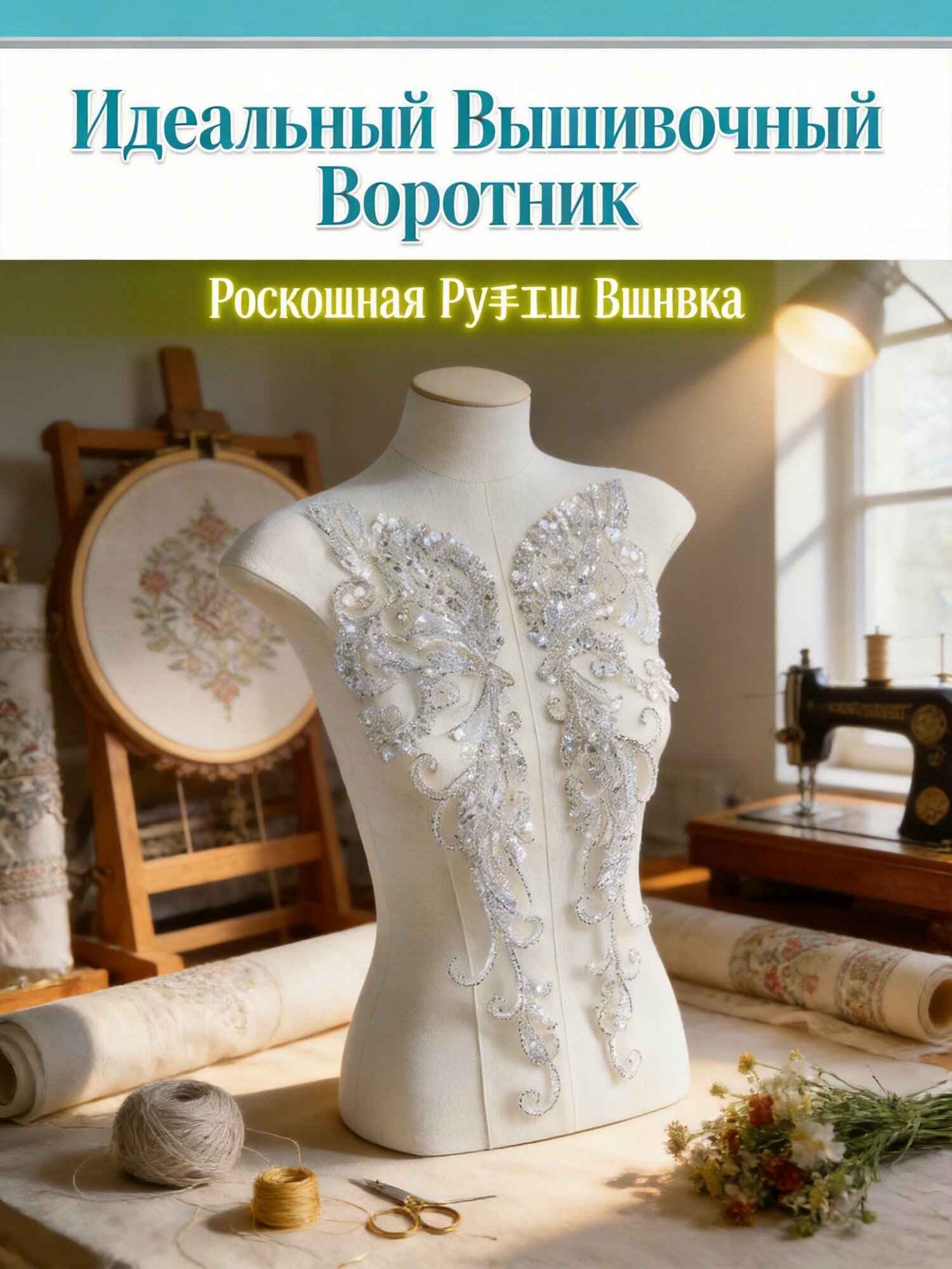 Кружевной вышитый воротник-нашивка белая с бисером и пайетками, клеевая основа для одежды и сумок, 45×16 см, 2 шт