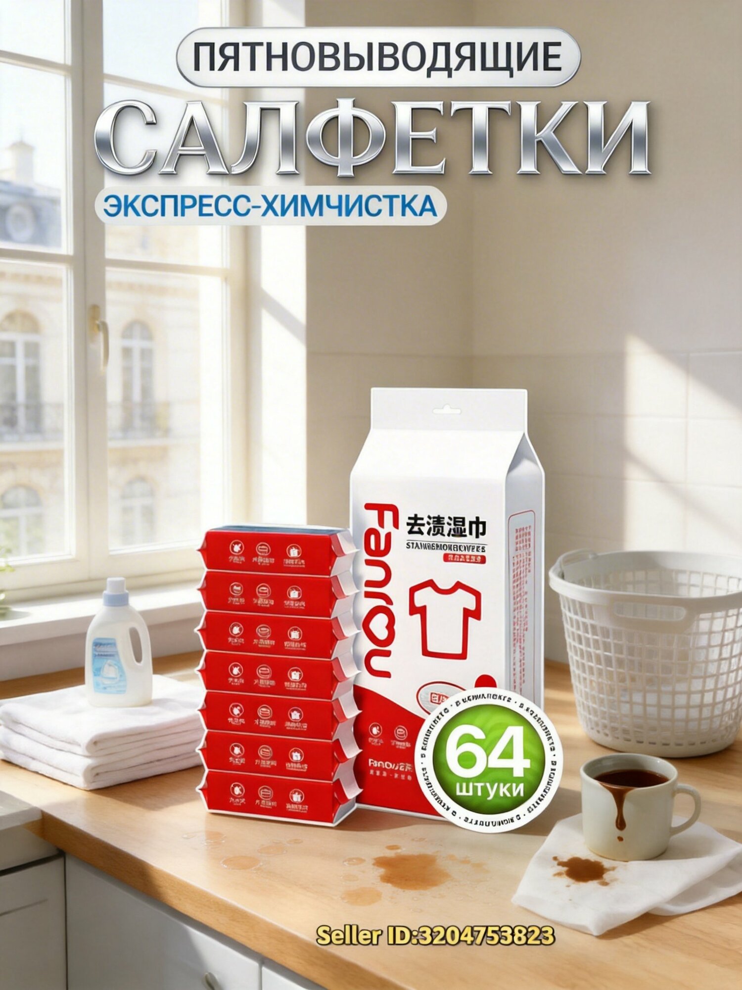 Влажные салфетки от пятен на одежде, для очищения обуви и тканей в мини саше, 64 штуки