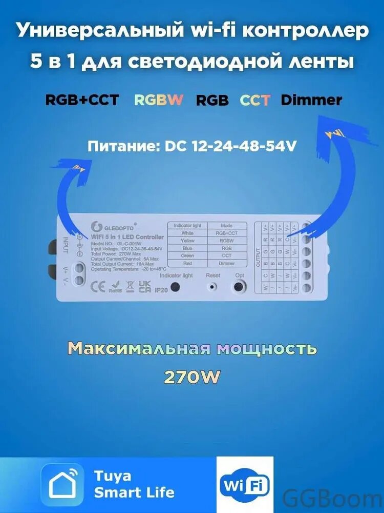 Контроллер для светодиодной ленты (cветодиодный смарт-контроллер 5 в 1) WIFI 270Вт Smart life - Алиса GGBoom