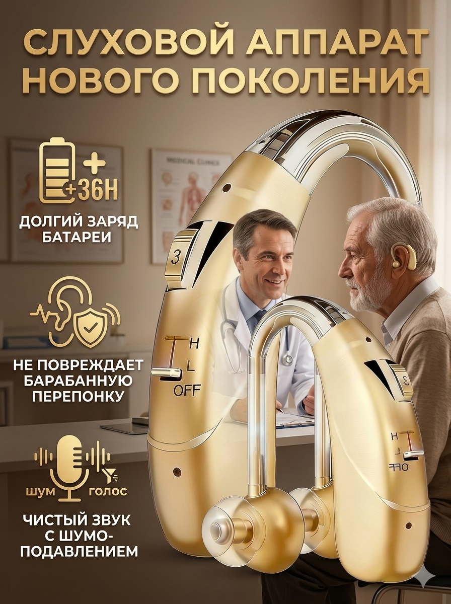 Накладной слуховой прибор с зарядным устройством для пожилых и взрослых
