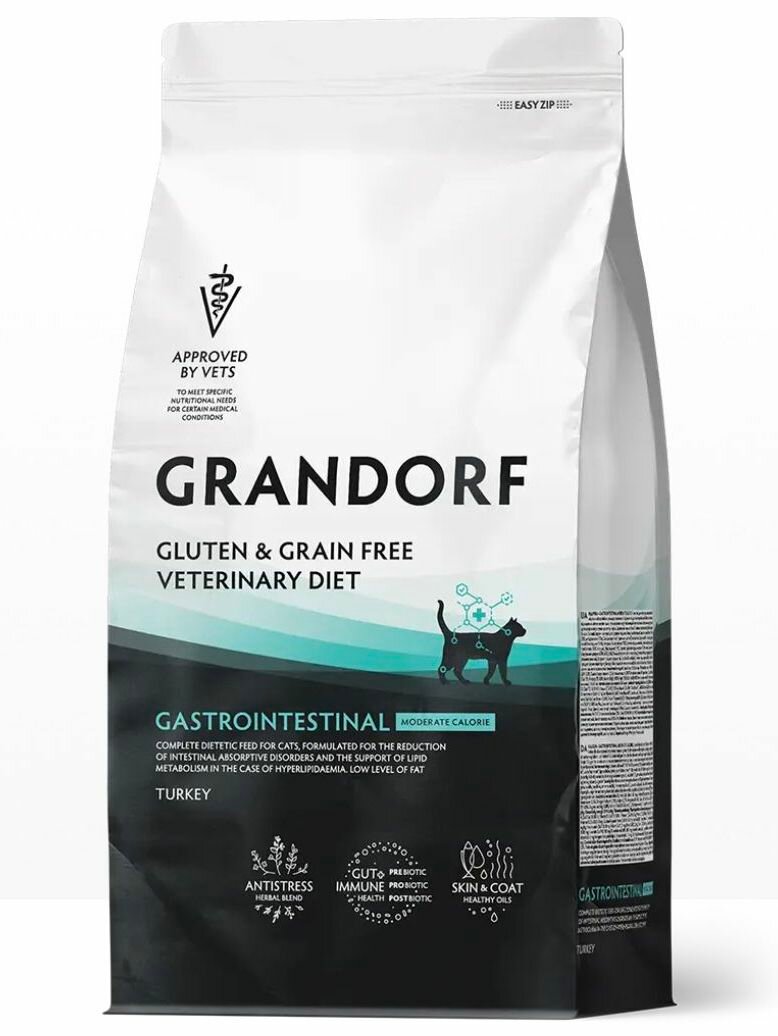 GRANDORF VETERINARY GASTROINTESTINAL MODERATE CALORIE Полнорационный диетический сухой корм для кошек для лечения острых расстройств пищеварения и поддержки липидного обмена при гиперлипидемии 400гр.