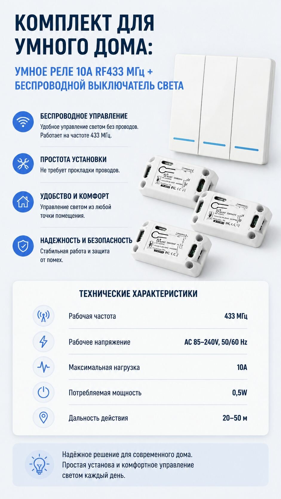 Комплект для умного дома, умное реле 10А RF433 МГц, AC 85-240В+ беспроводной выключатель света, белый (СФ)