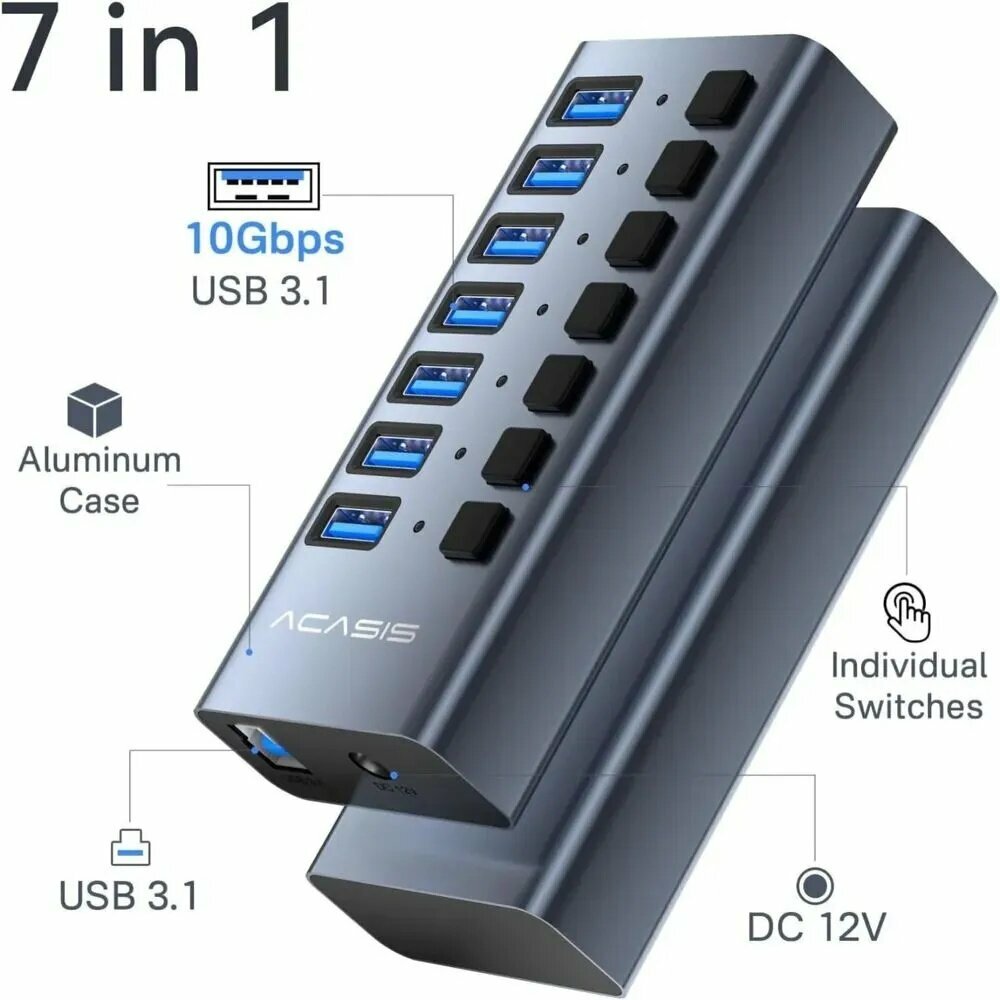 УСБ- б ACASIS с 7 портами USB 3.1 и скоростью передачи данных 10Gbps, алюминиевое корпусо, alimentируемый 24W блоком питания, для ПК/ноутбука, компьютера, флэш-накопителя, принтера, камеры.