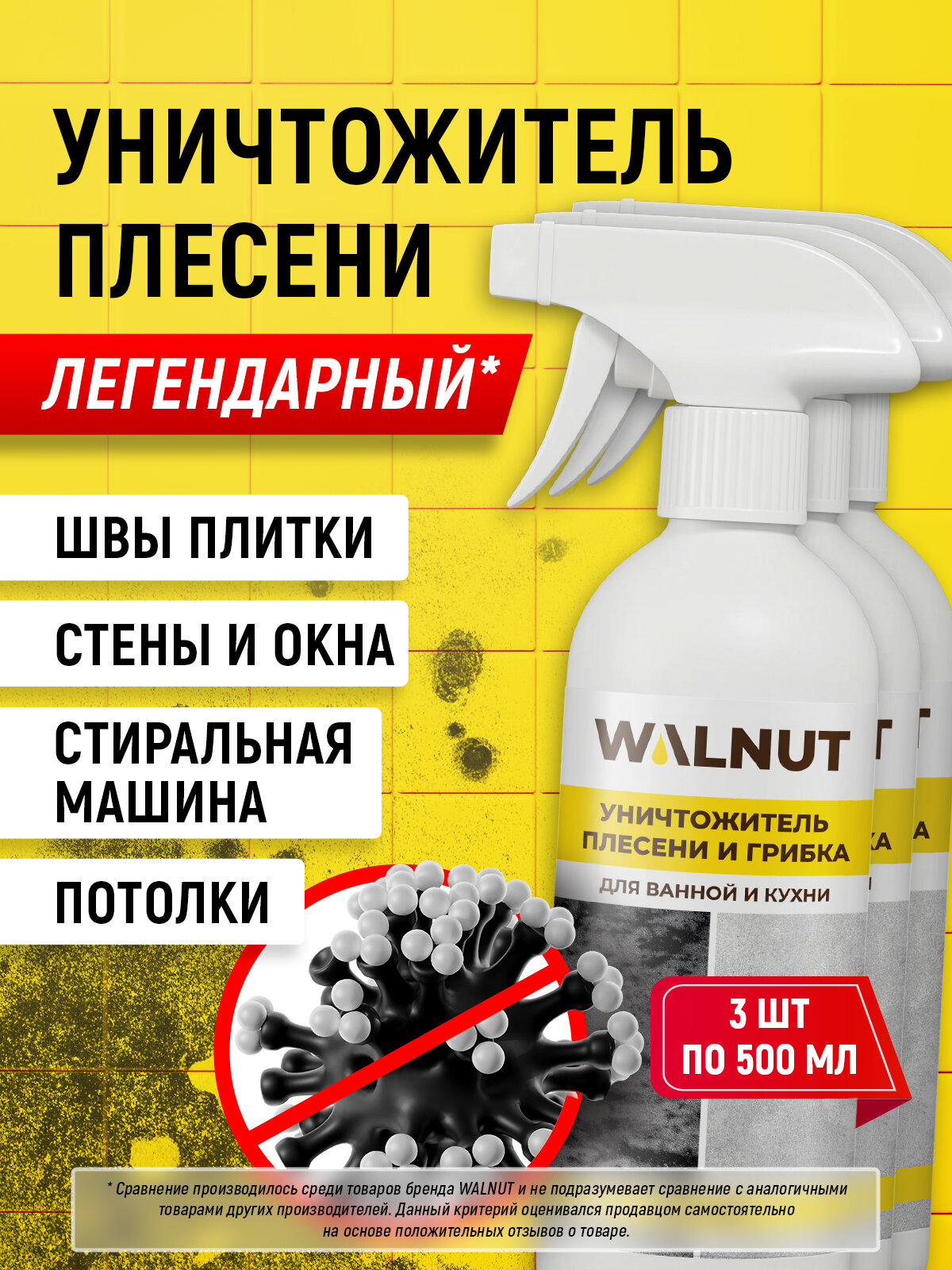 Средство WALNUT "Антиплесень", антибактериальное, для удаления грибка и плесени, 3 штуки