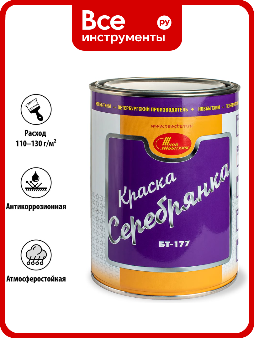 Краска БТ-177 новбытхим серебряная, битумная, износостойкая, подходит для бетона и металла, полуглянцевый блеск