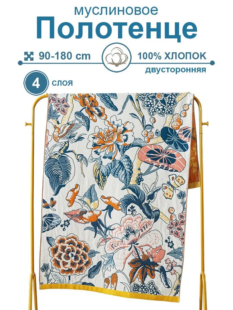 YENLN Полотенце банное homely, Хлопок, Муслин, 90x180 см, синий, желтый, 1 шт.
