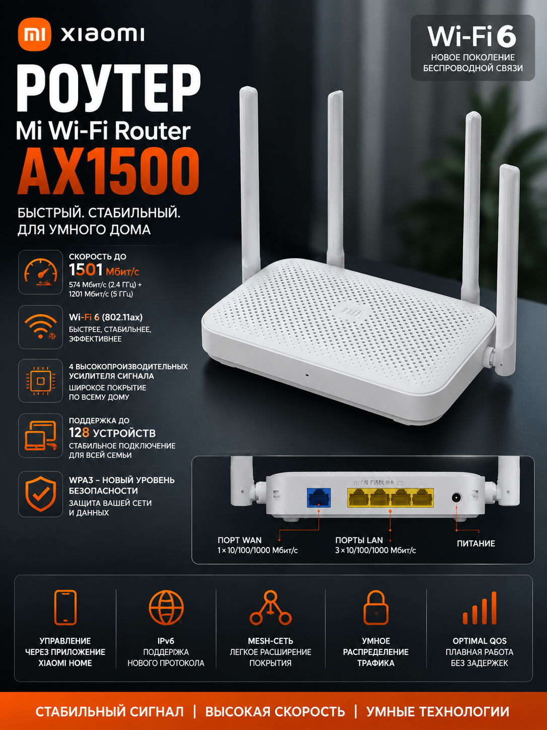 Роутер Xiaomi Mi Router AX1500 DVB4449GL Wi-Fi, RD12, 2.4/ 5 ГГц, до 1.5 Гбит/с, LAN 3x1 Гбит/с, WAN 1x1 Гбит/с