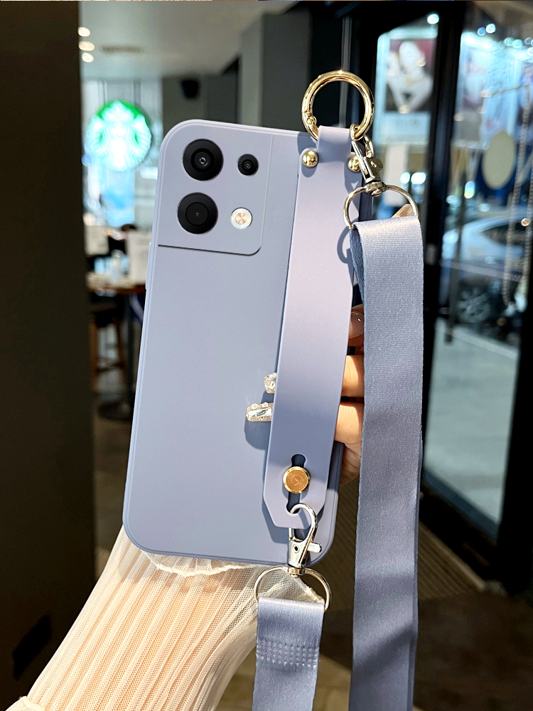 OPPO Reno9 Лавандовый серый чехол с запястным ремнем и бесплатным ремнем для мобильного телефона