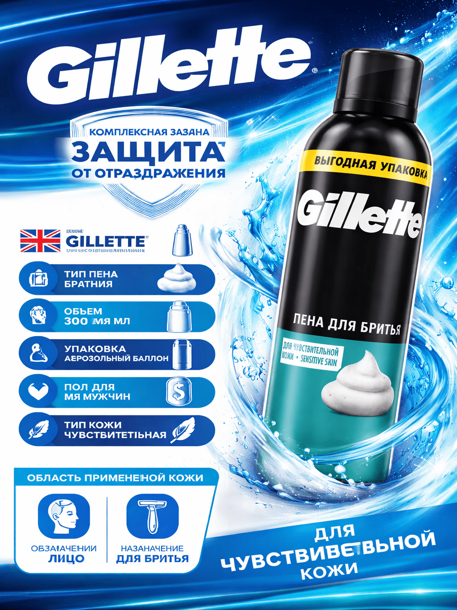 Пена для бритья Gillette для чувствительной кожи, 300мл