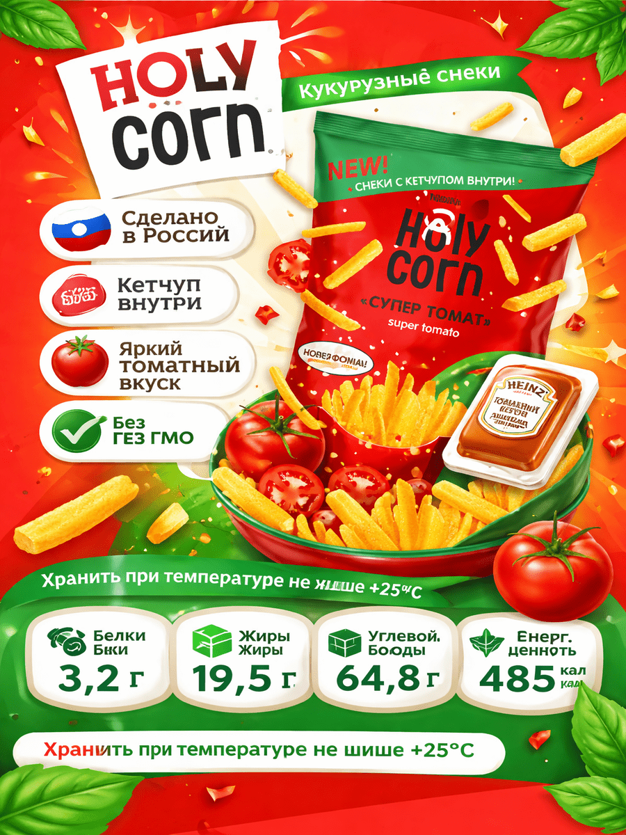 Снеки кукурузные Holy Corn Супер томат с вложением кетчупа, 30г