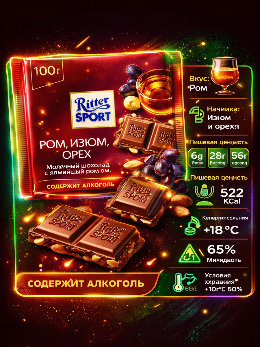 RITTER SPORT Молочный шоколад с ромом, изюмом и орехами, 100 г