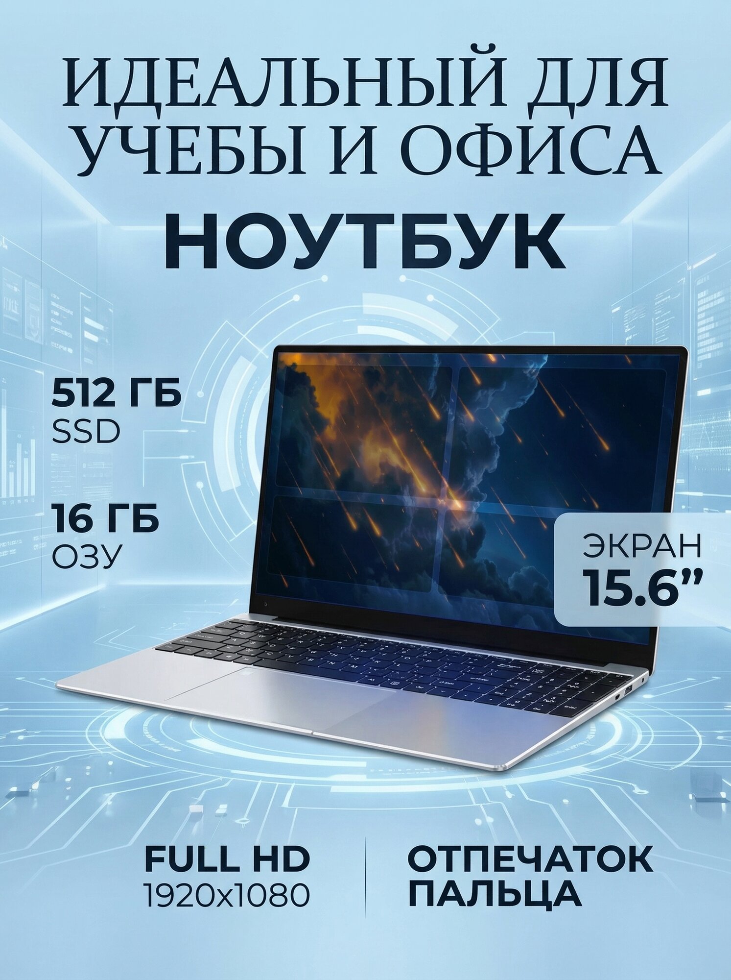 15.6" Ноутбук Intel N95, для работы и учебы, Notebook, RAM 16 ГБ, SSD 512ГБ, IPS , цвет Mid Gray, русская раскладка