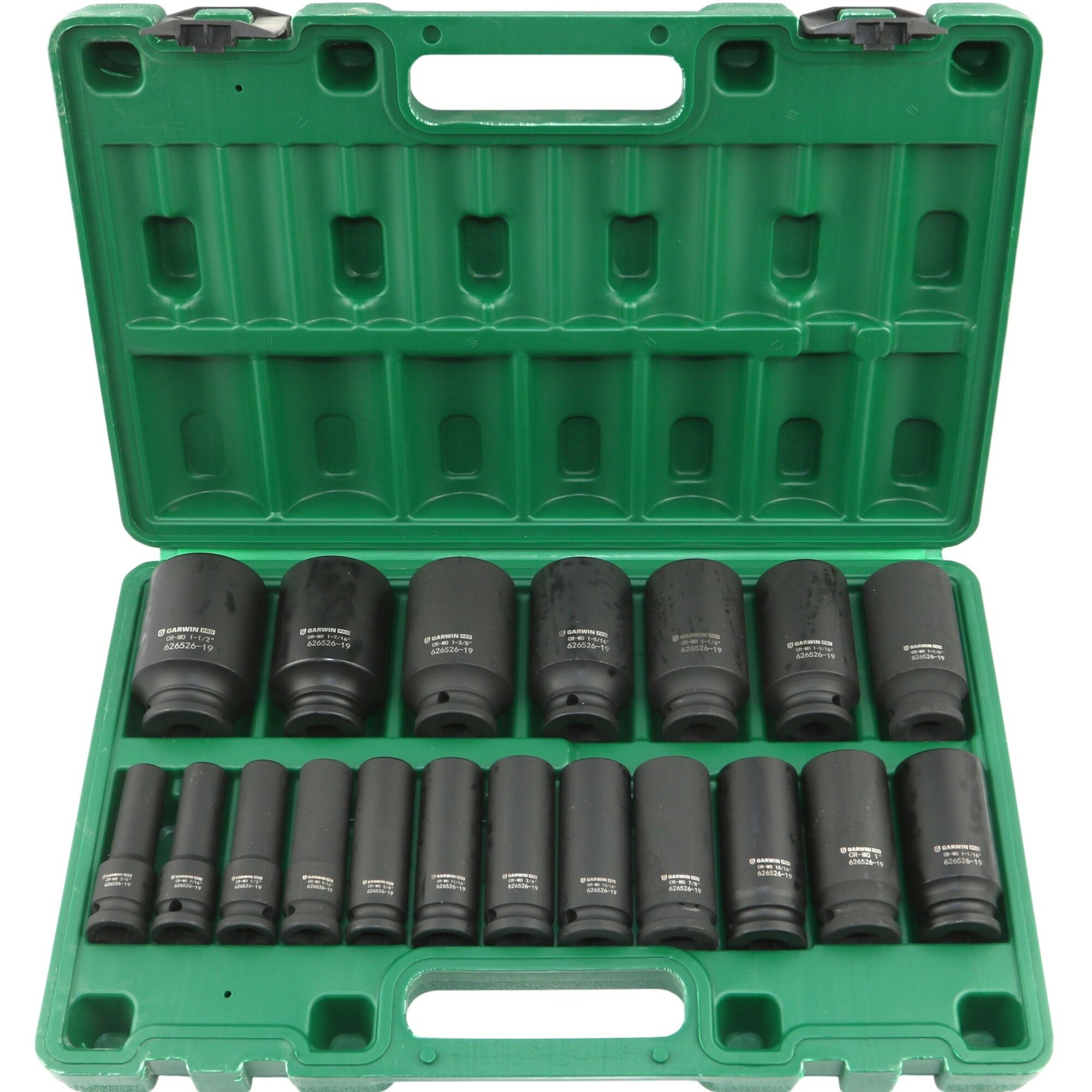 GARWIN PRO 626526-19 Набор ударных головок дюймовых глубоких 1/2", 78 мм, 19 пр, 3/8" — 1-1/2"