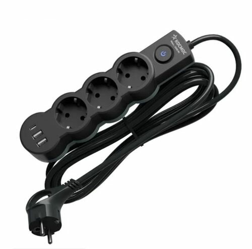 Удлинитель сетевой YKsm1.5m3g-Z-VU10A-B 1.5м, 3 гнезда+выкл, 3 порта USB, 2800Вт, 10А, черный BL1