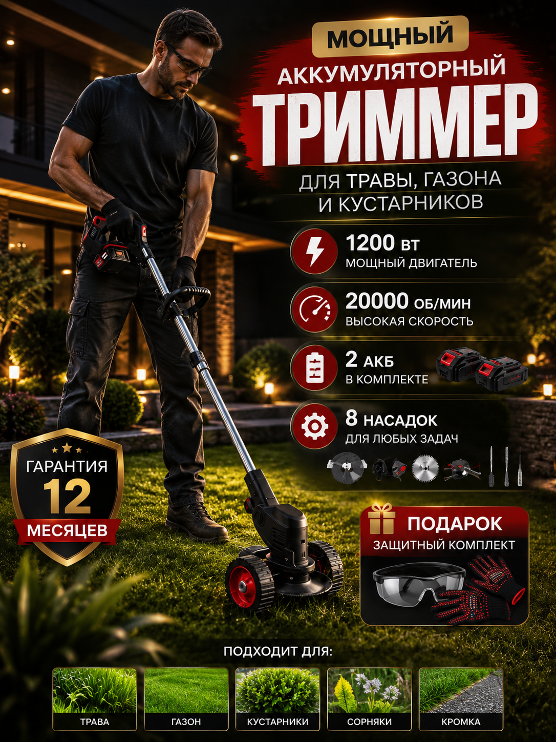 Триммер садовый для стрижки газона, аккумуляторный, 8 насадок в комплекте, черный