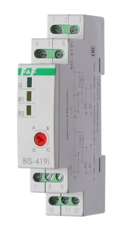 Реле импульсное BIS-419i (установка на DIN-рейку; 4 режима работы; управление двумя нагрузками; для нагрузки с больш. пусков. током (160А/20мс)) F&F EA01.005.021