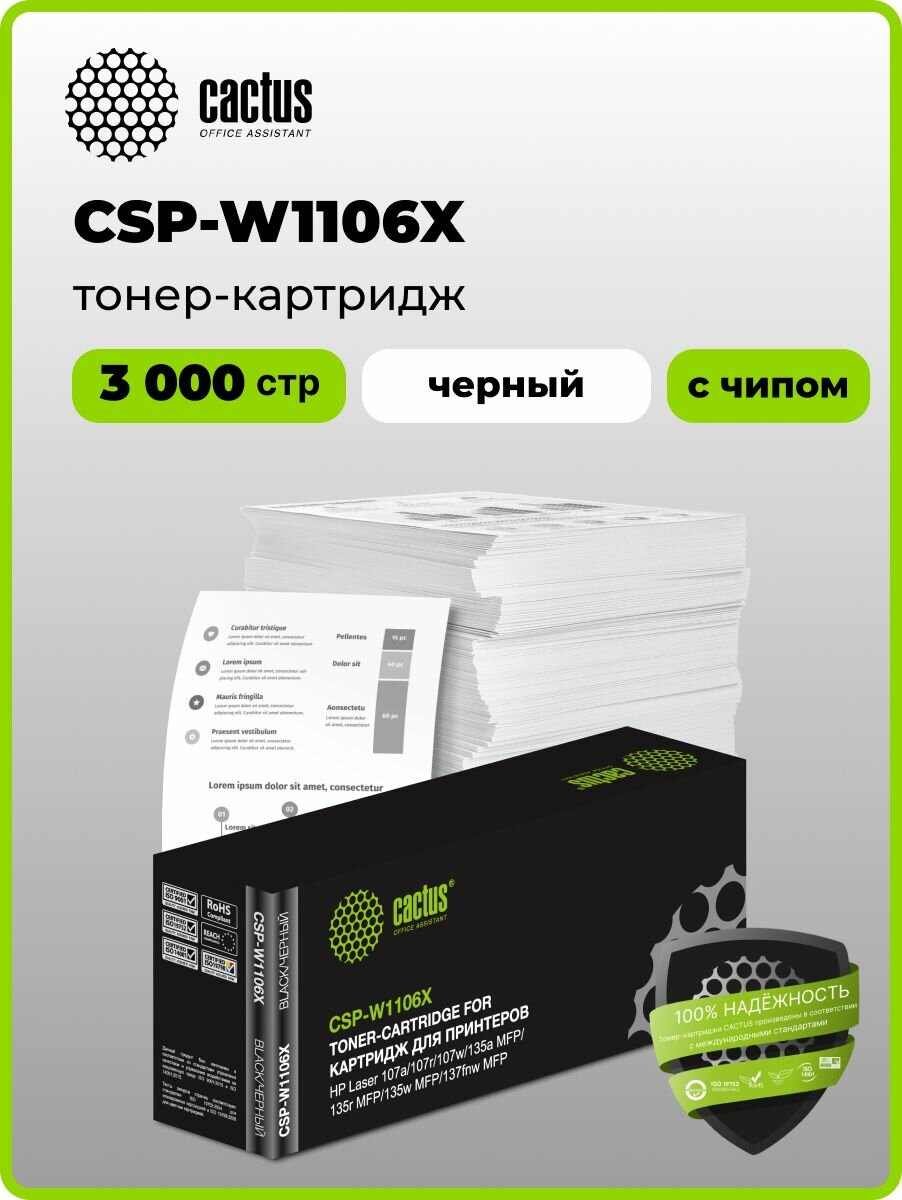 Картридж лазерный Cactus CSP-W1106X черный (3000стр.) для HP Laser 107a/107r/107w/135a MFP/135r MFP/