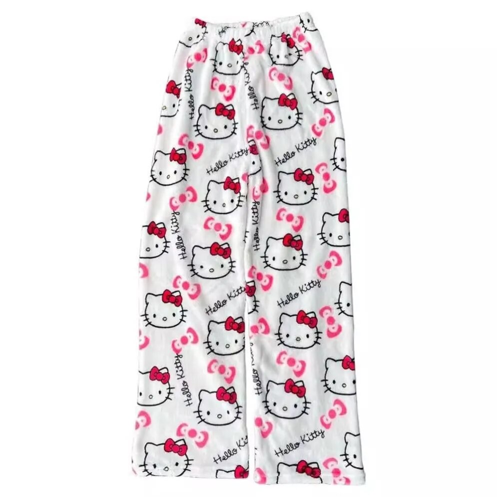 MINISO Женская фланелевая пижама с мультяшным рисунком Hello Kitty на Хэллоуин, осень-зима, на флисовой подкладке, теплая, повседневная, домашняя одежда, брюки с граффити, Размер: XL