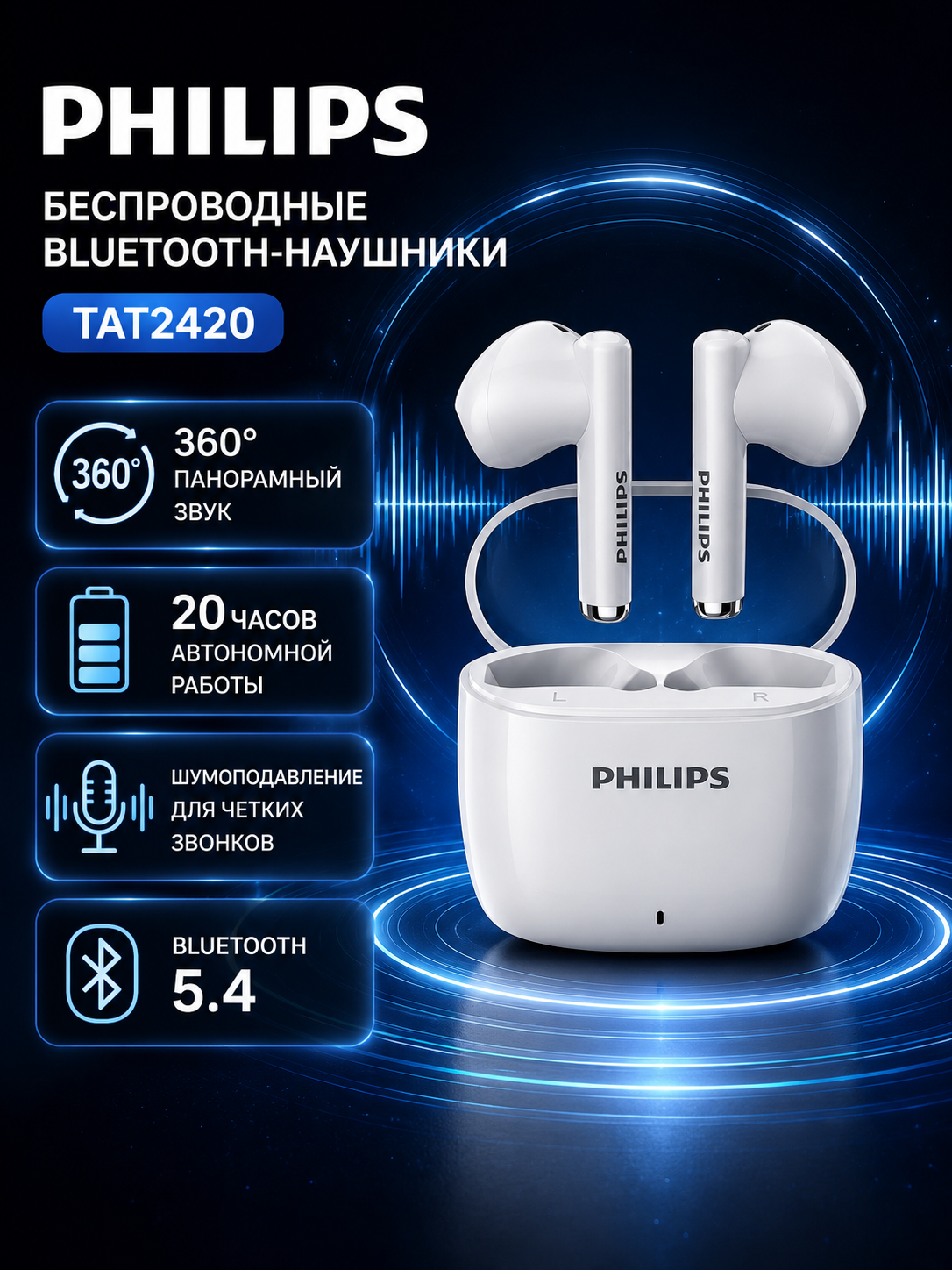 Беспроводные наушники PHILIPS TAT2420 гарнитура с игровым режимом (45 мс) и 20 часами работы