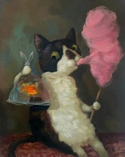 Холст "Кошка с рыбкой и сахарной ватой", 30x42см, цвет 34, без рамы