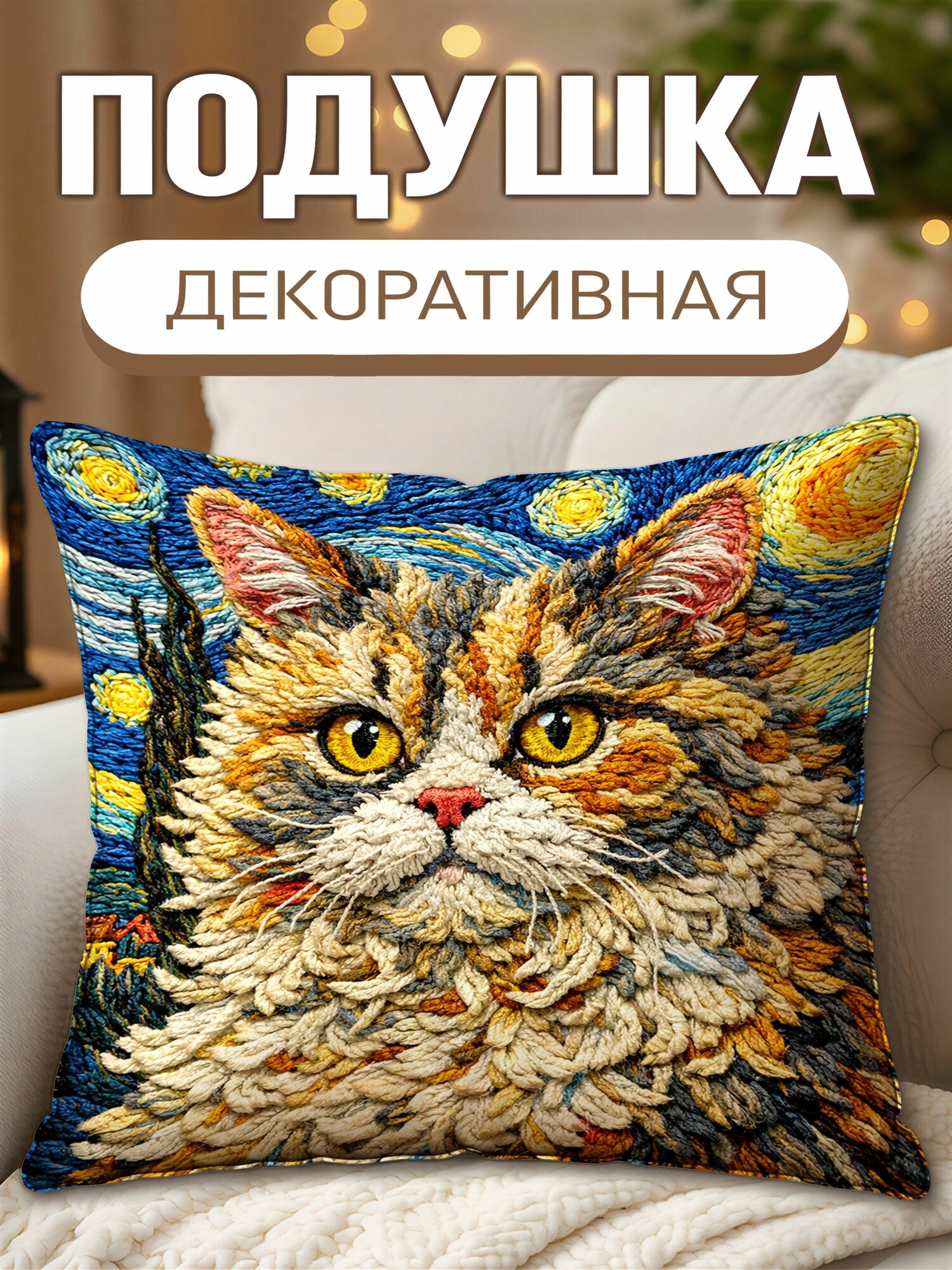 Подушка декоративная Кошки Ван Гог Звездная ночь Селкирк-рекс