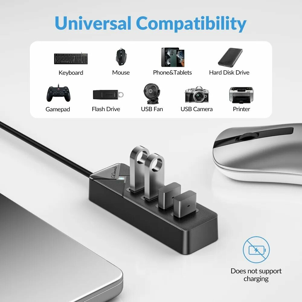USB-хаб GGM 4 порта, USB 3.0*4 5 Гбит/с, компактный переходник для MacBook, Windows, Linux черный 0.15 м, Порт USB-А