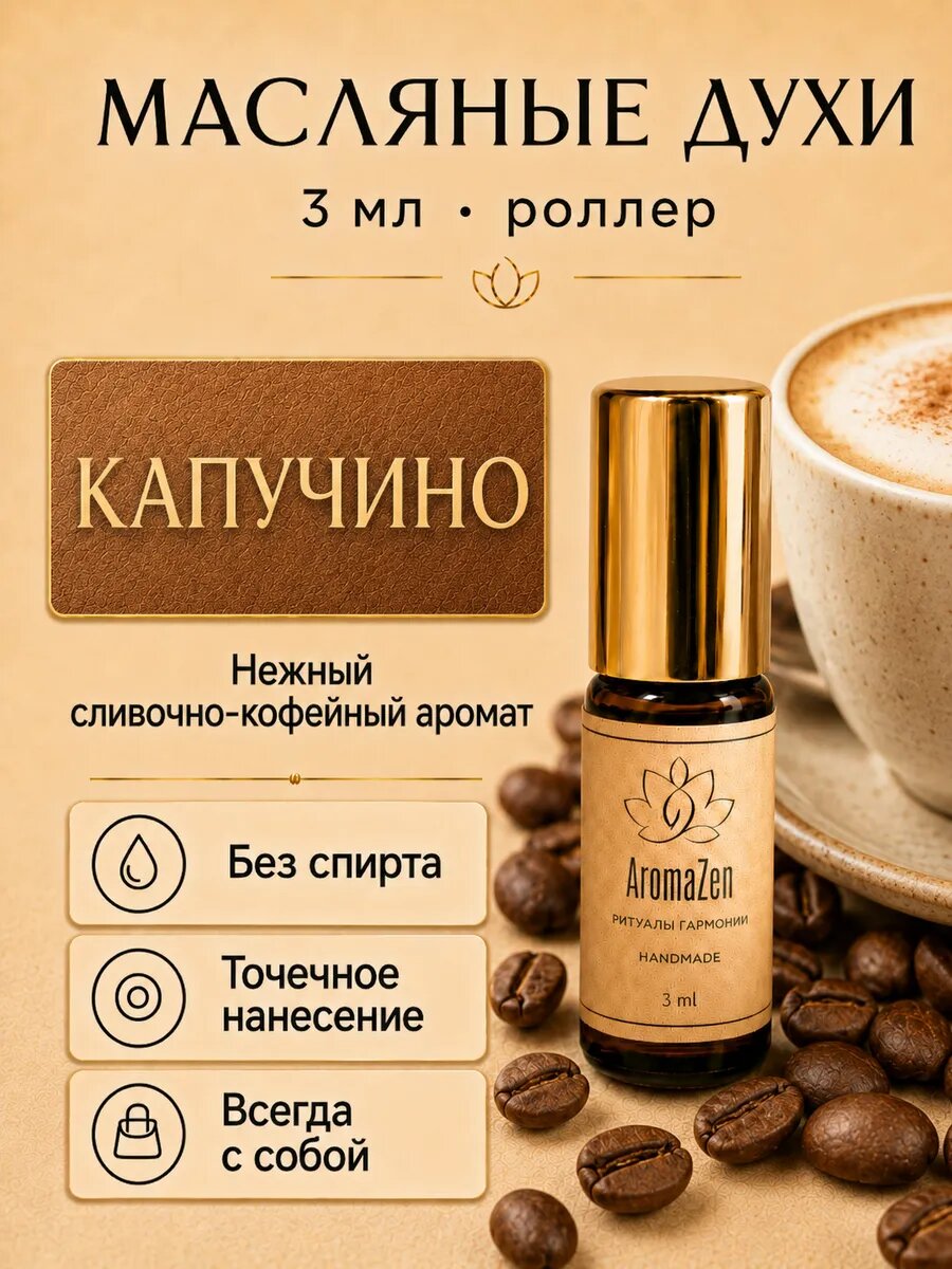 Масляные духи роллер "Капучино", женские, без спирта, шариковые, 3 мл