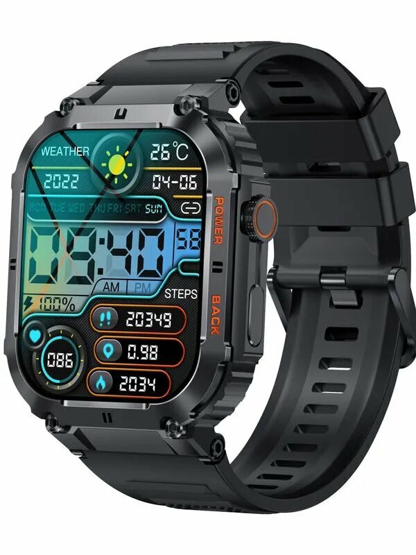 Tiroki Смарт-часы мужские наручные K64 AMOLED 1,96" Bluetooth звонки пульсометр шагомер с измерением давления 100+ спорт режимов, 49mm, черные спортивные водонепроницаемые с силиконовым ремешком