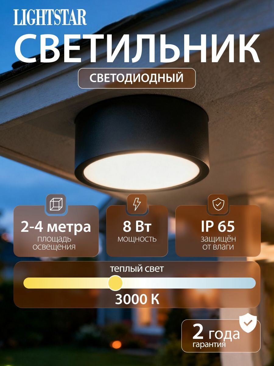 Светильник потолочный светодиодный влагозащищенный Lightstar ZOLLA 380174 , IP65 для ванной и улицы, 4000K, 8W, круглый, черный