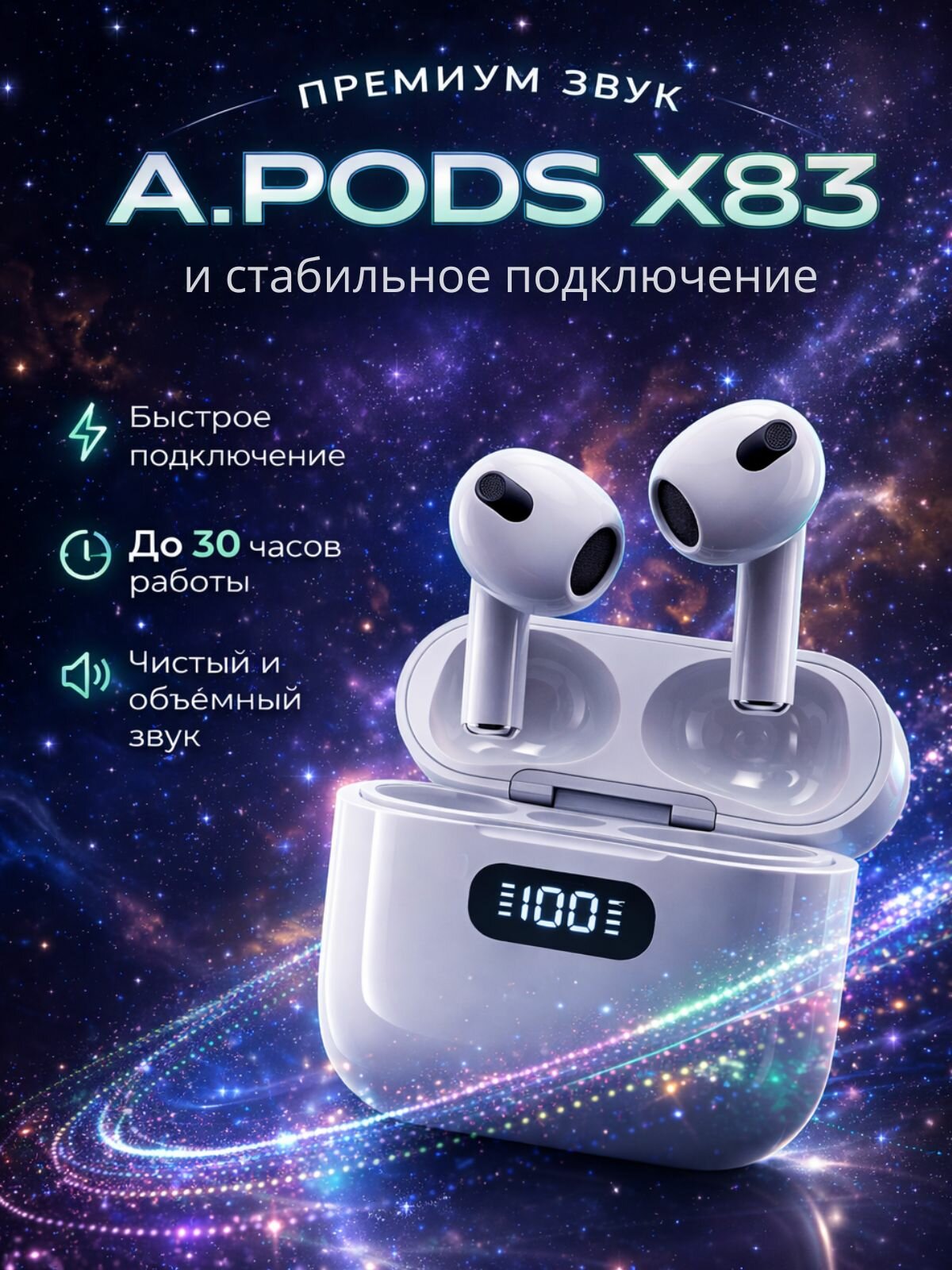 Беспроводные наушники A.PODS X83 TWS Bluetooth 5.4 с LED дисплеем 30 часов работы белые