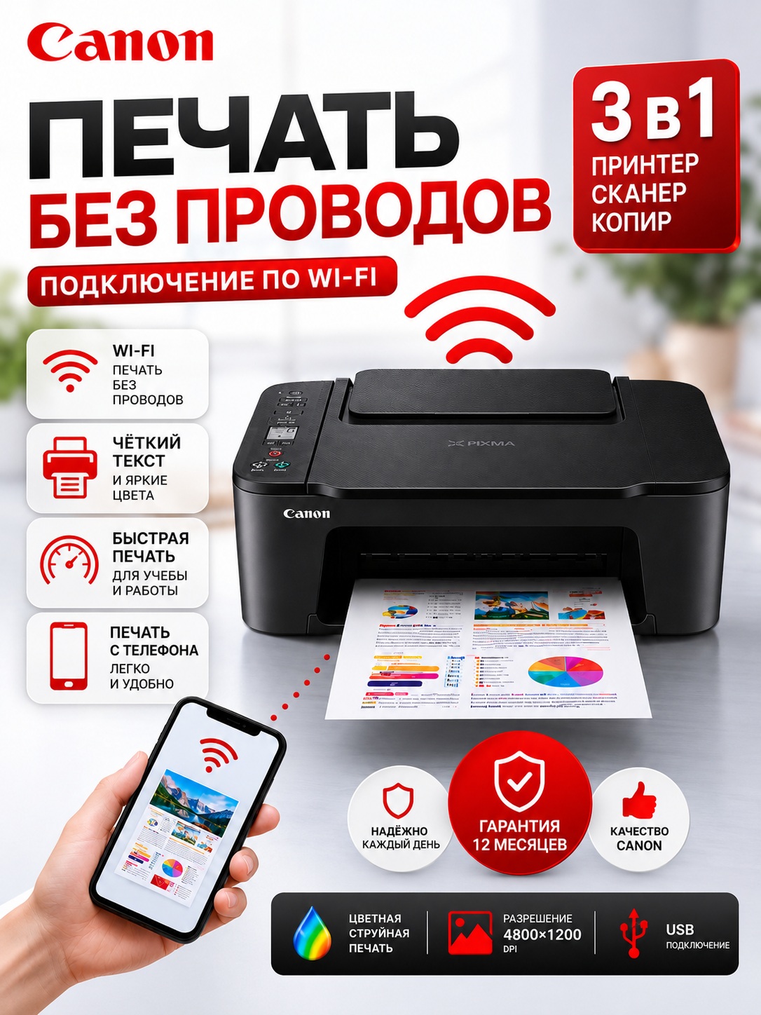 МФУ Canon Pixma TS3640 3 в 1: принтер, сканер, копир, цветной, струйный.