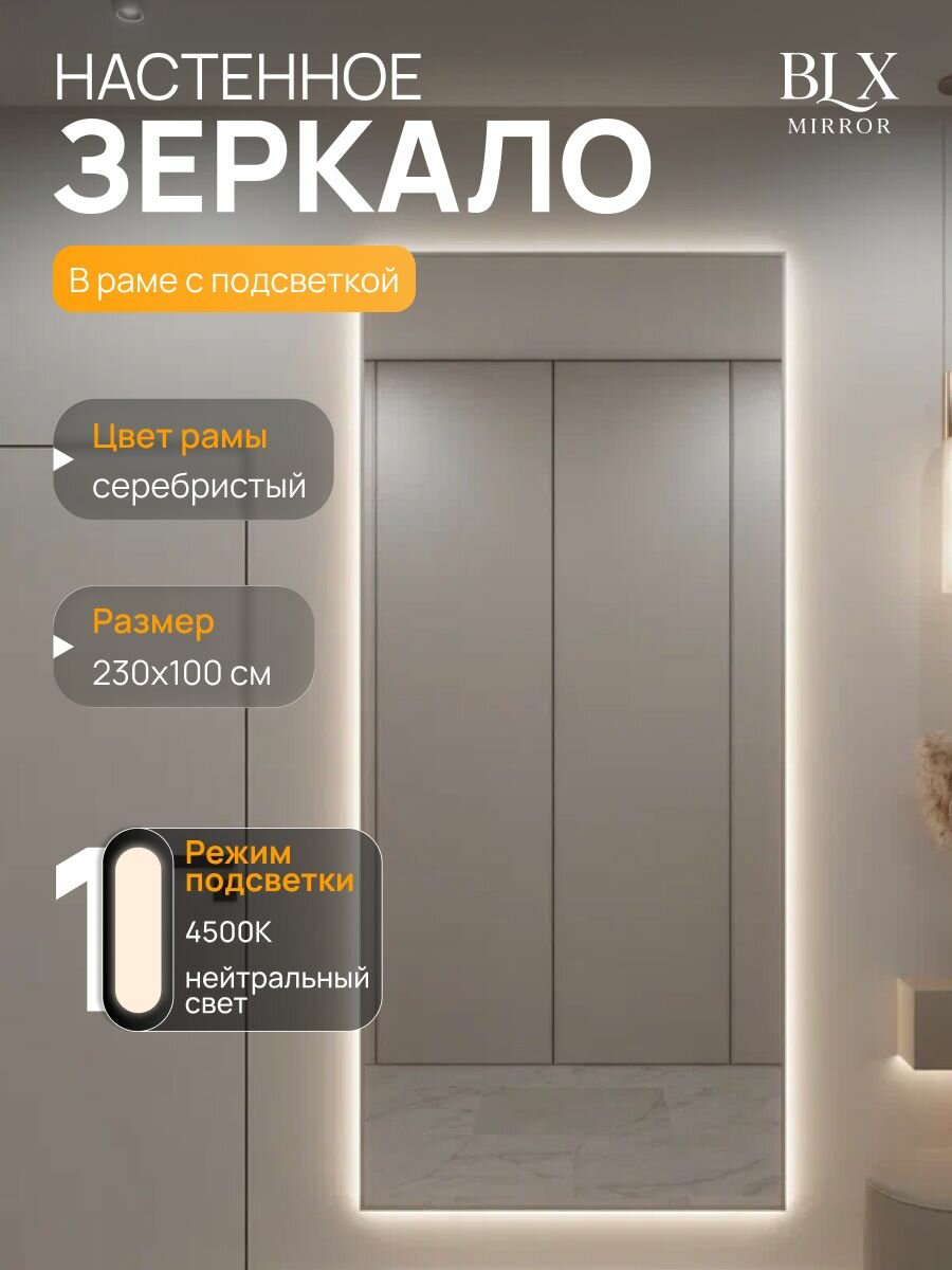 Зеркало настенное 230х100 серебро с подсветкой Свет: Нейтральный белый 4500К В алюминиевой раме интерьерное BLX MIRROR