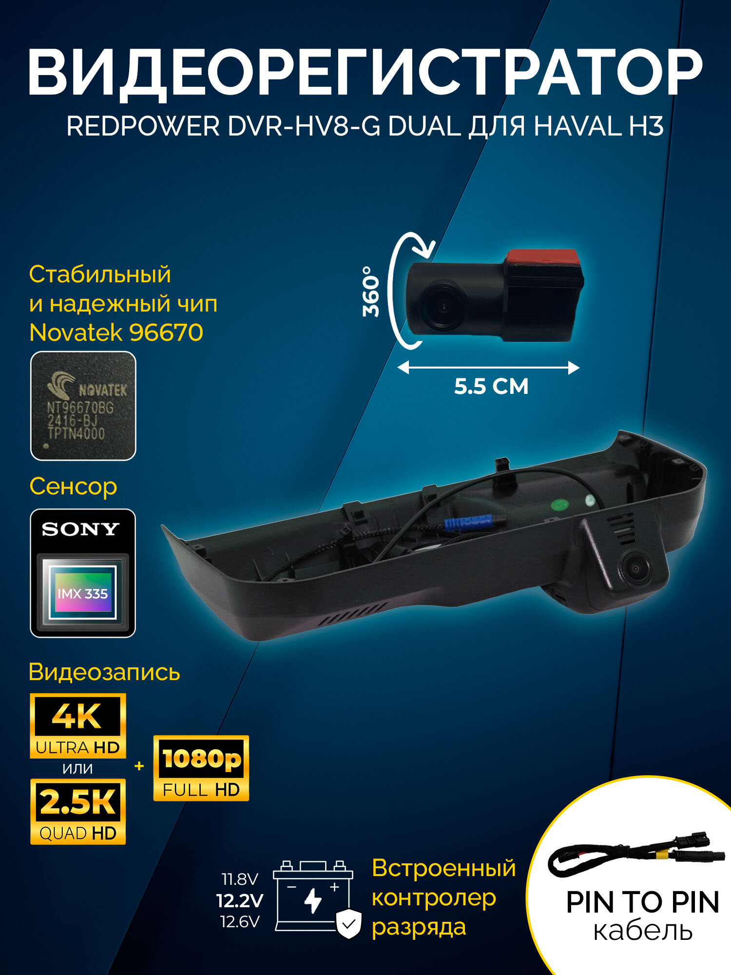 Штатный двухканальный видеорегистратор Redpower DVR-HV8-G Dual (2K+Full HD) для Haval H3