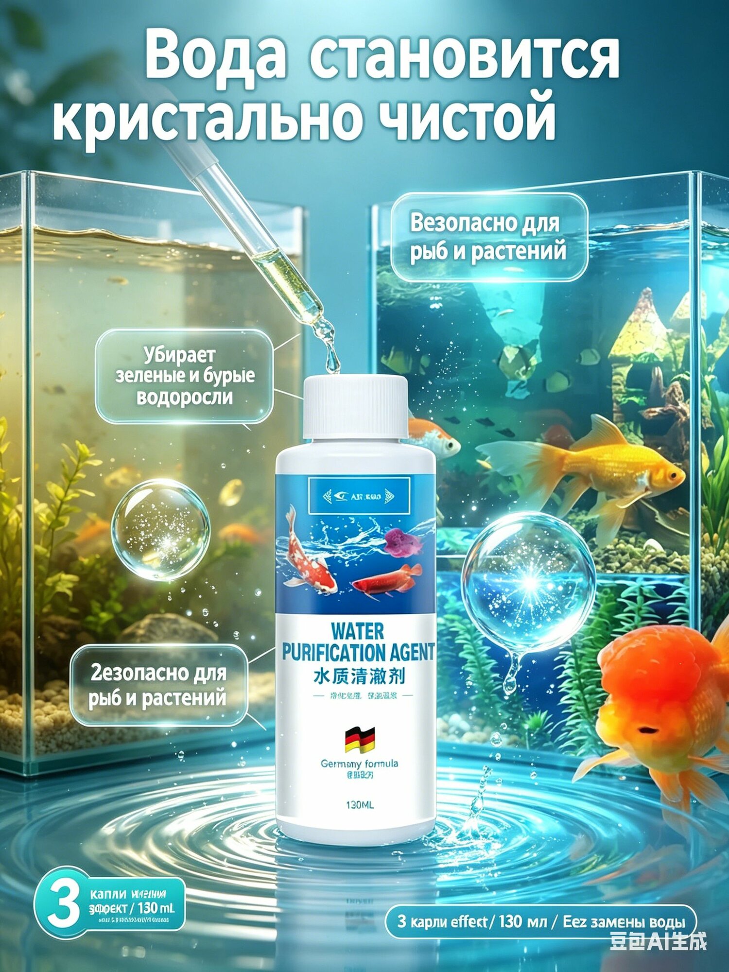 Средство для очистки воды в аквариуме, 130мл-безопасный жидкий кондиционер от мути и водорослей, альгицид для кристальной прозрачности и здоровья рыбок