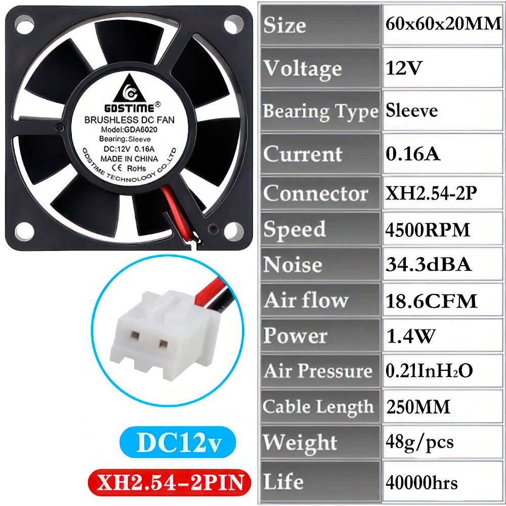 Вентилятор Gdstime DC12V 60x60x20 GDA6020 Sleeve,1шт XH2.54 4500RPM