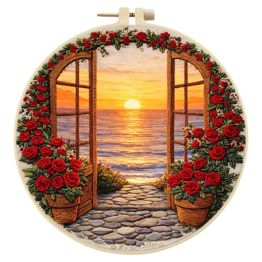 Набор для вышивания Roses and Sunset на хлопковой ткани 29 29 см с бамбуковым пяльцами