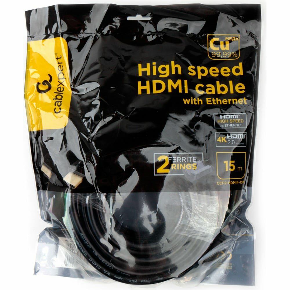 Кабель HDMI Cablexpert 19M/19M, v2.0, медь, позол. контакты, экран, 2 фер. кольца, 15м, черный, пакет, HDMI CCF2-HDMI4-15M — фото 1